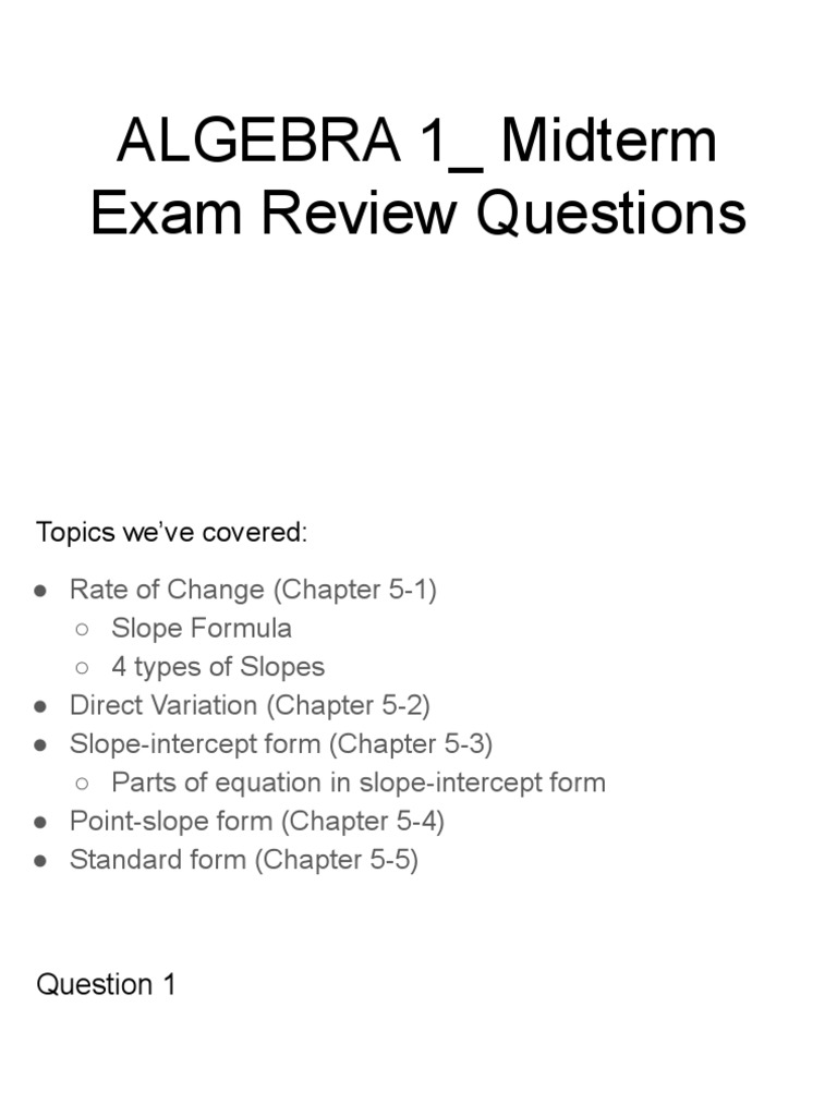 ALGEBRA 1 - Midterm Exam Review Questions | PDF