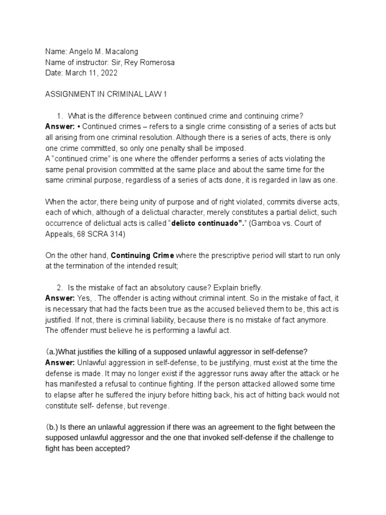 Criminal Law Assignment Explained | PDF | Legal Liability | Crimes