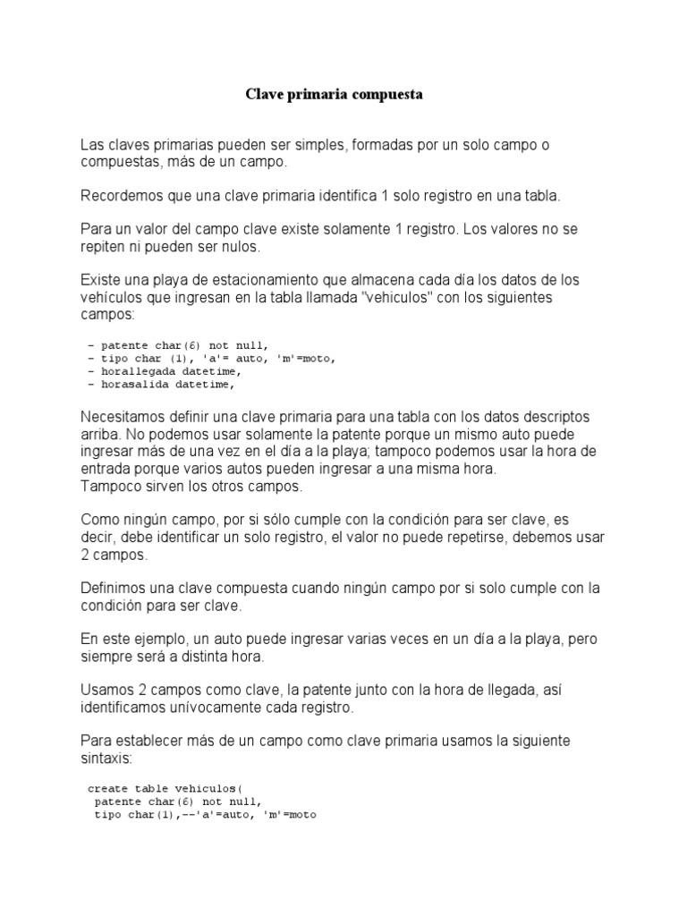Clave Primaria Compuesta | PDF | SQL | Datos de computadora