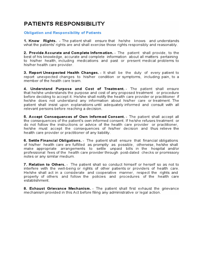 Obligation and Responsibility of Patients | PDF | Health Care | Patient