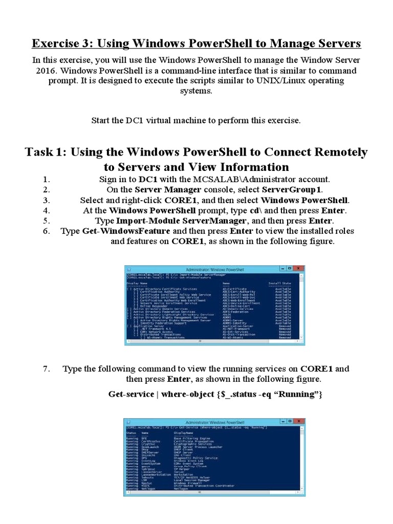 Exercise 3: Using Windows Powershell To Manage Servers: Get-Service ...