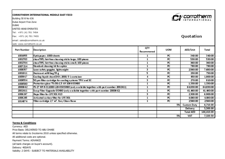 Quotation: Part Number Description QTY Recommened UOM AED/Unit Total | PDF