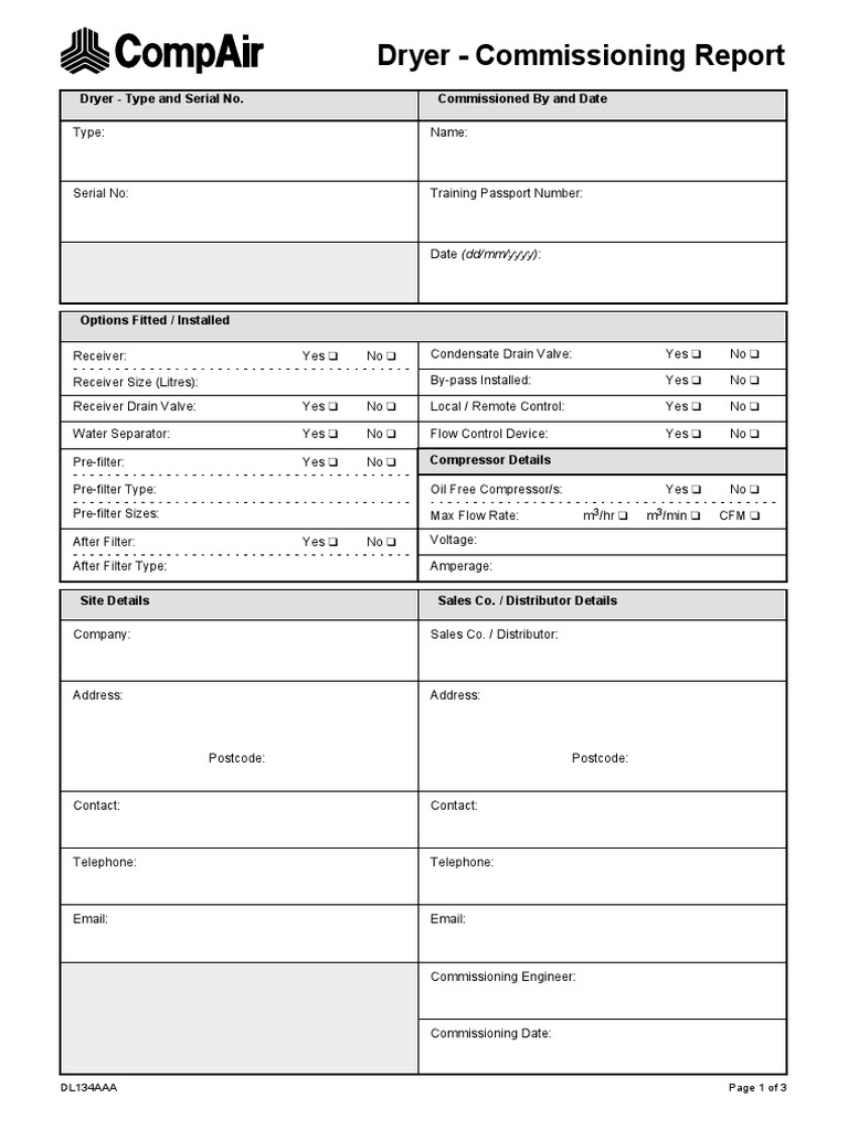 Dryer - Commissioning Report: Dryer - Type and Serial No. Commissioned ...