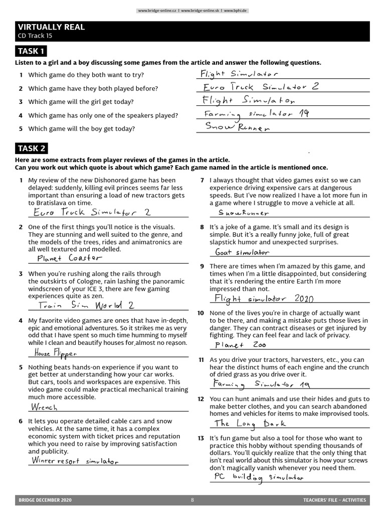 Virtual Reality Worksheet | PDF