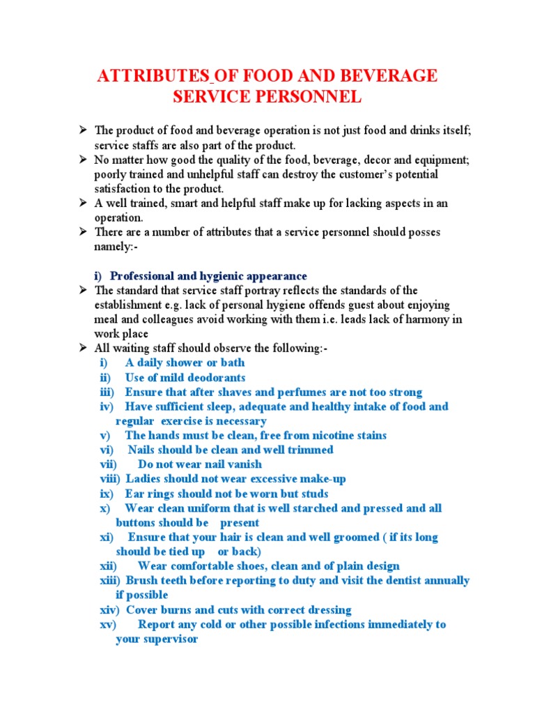 Attributes of Food and Beverage Service Personnel | PDF | Waiting Staff ...