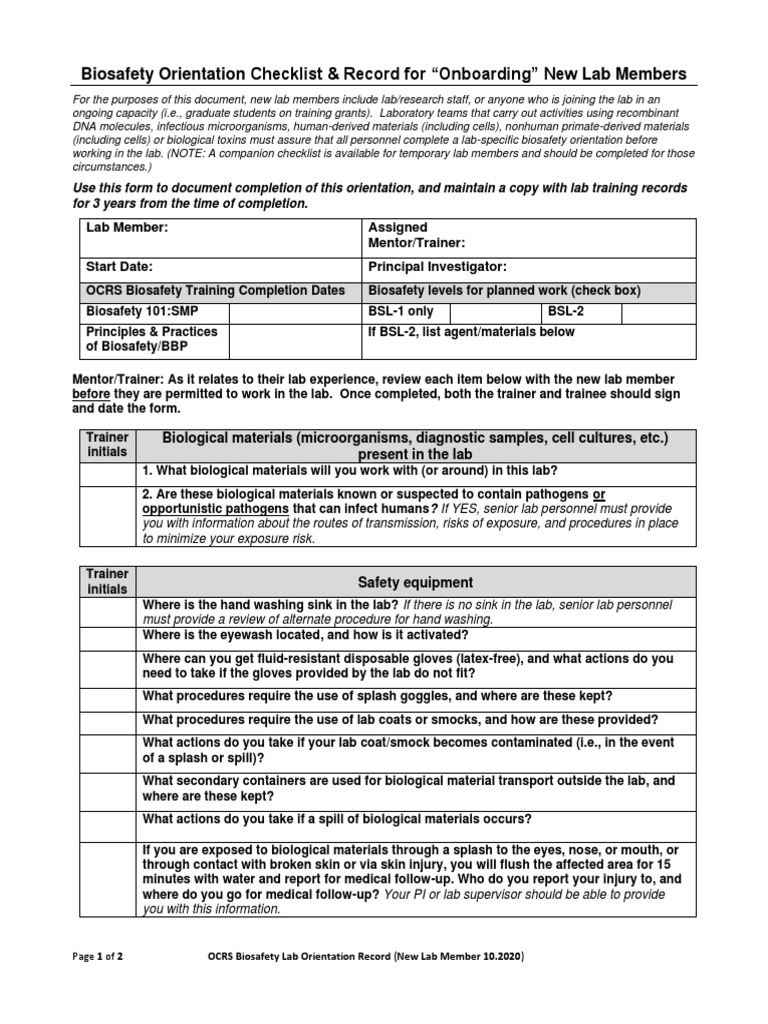 Biosafety Orientation Checklist & Record For "Onboarding" New Lab ...