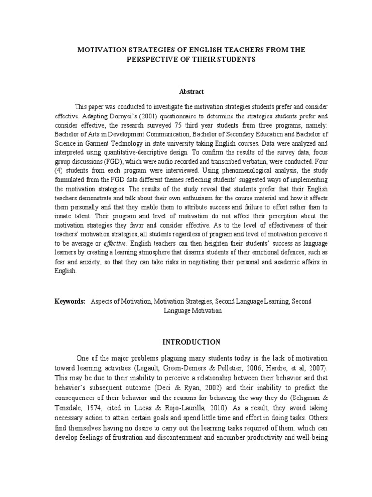 Motivation Strategies of ESL Teachers From The Perspective of Their ...