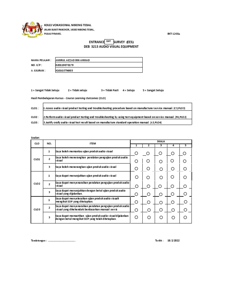 Lampiran BKT-12-01a Borang Entrance Survey Kursus DEB 3213 | PDF