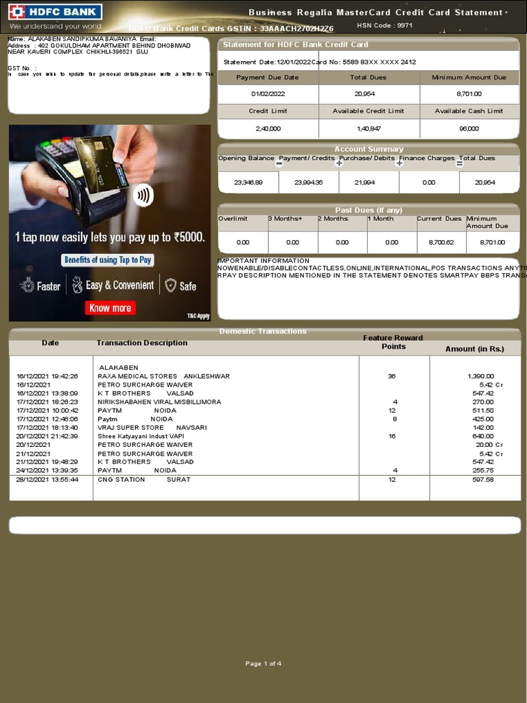 Statement For HDFC Bank Credit Card HDFC Bank Credit Cards GSTIN ...