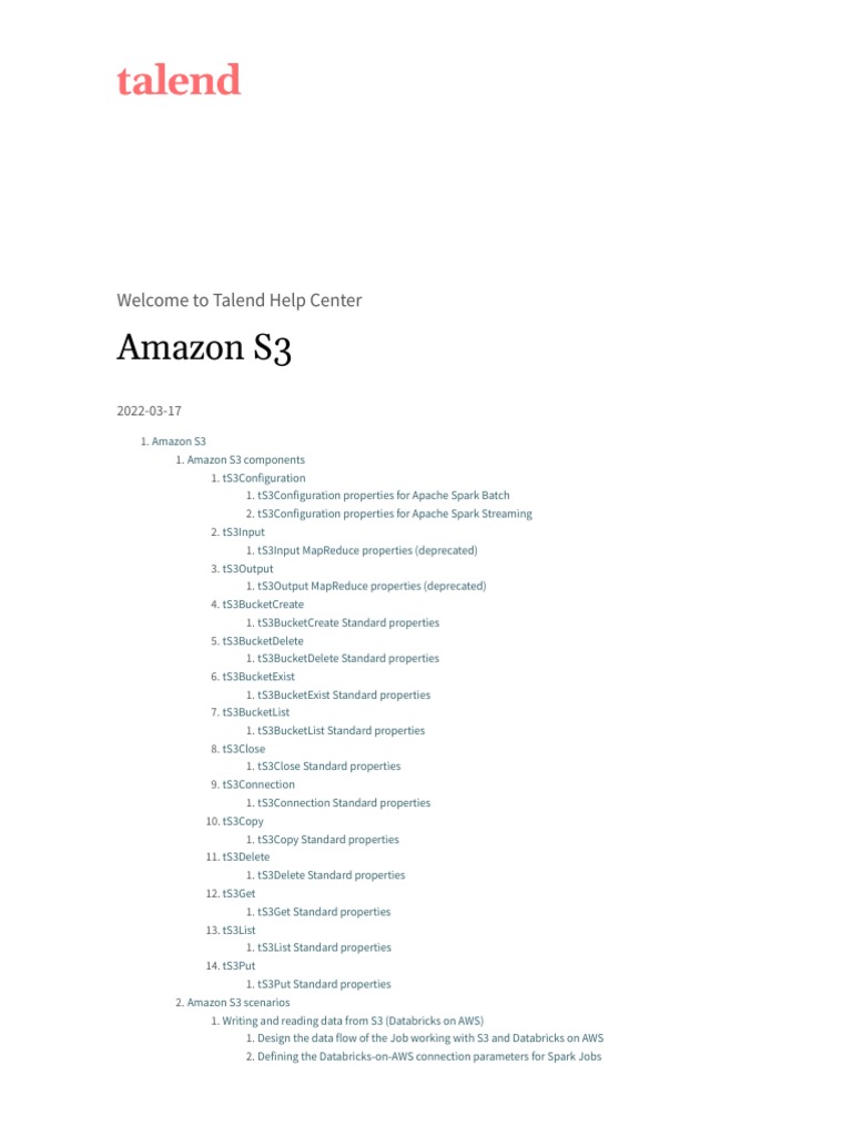 Amazon S3: Welcome To Talend Help Center | PDF | Apache Hadoop | Apache Spark