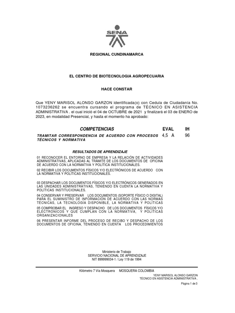 Certificación de Yeny Marisol Alonso | PDF | Cliente