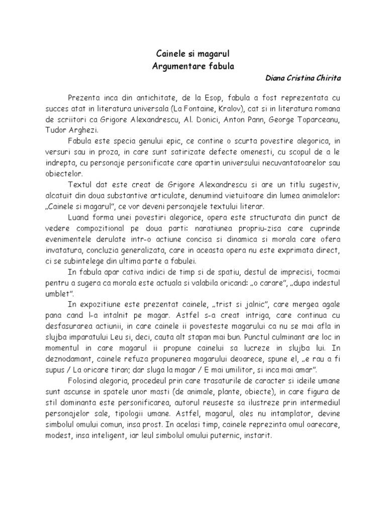 Cainele Si Magarul - Argumentare Fabula | PDF