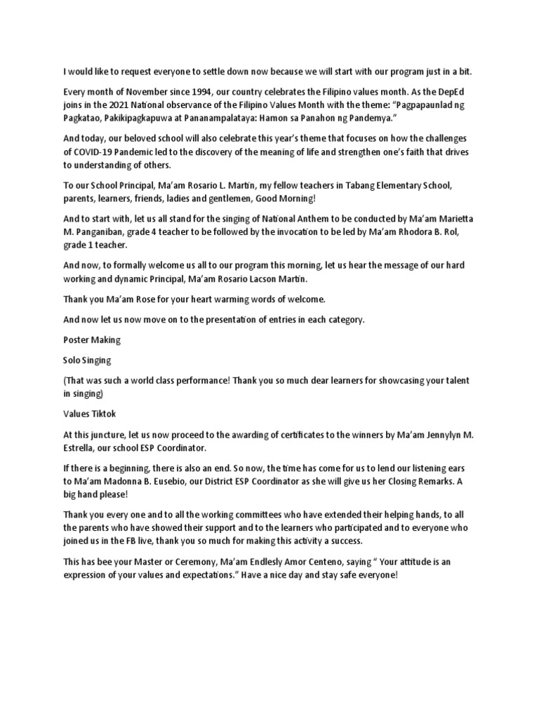 Emcee Script Esp Festival of Talents | PDF