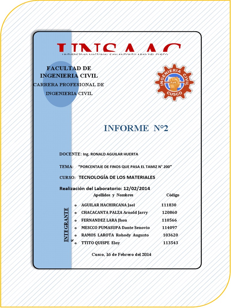 Informe #2 - Porcentaje de Finos Que Pasa El Tamiz #200 - Tecnología de ...