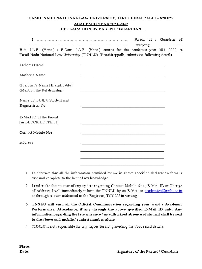 Tamil Nadu National Law University Parent Declaration Form | PDF