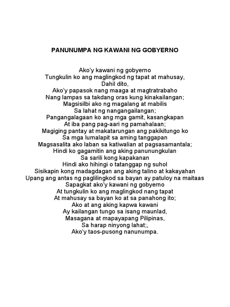 Panunumpa NG Kawani NG Gobyerno Printable File | PDF