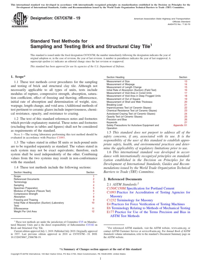 Sampling and Testing Brick and Structural Clay Tile: Standard Test ...