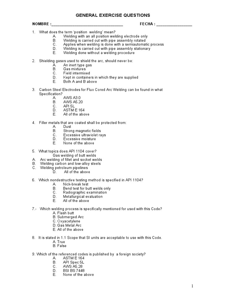 General Exercise Questions API 1104 | PDF | Construction | Welding