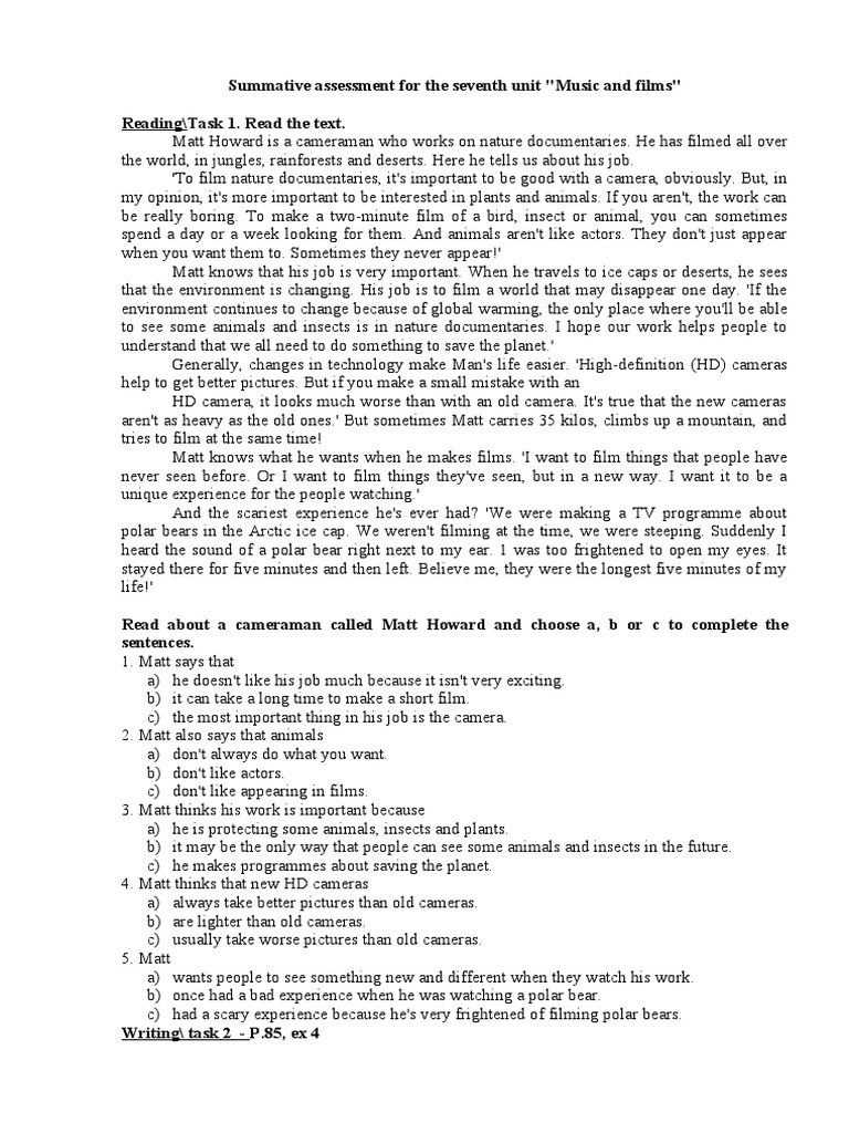 Summative Assessment For The Seventh Unit "Music and Films" Reading ...