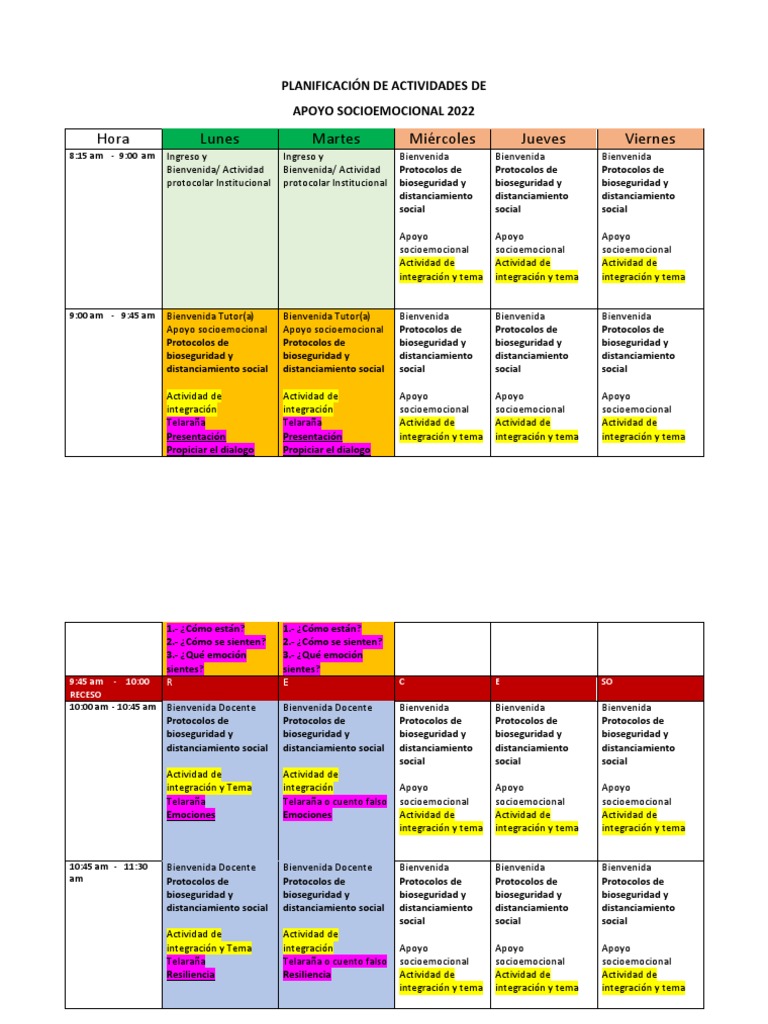Planificación de Actividades Apoyo Socioemocional 2022 | PDF | Valores ...