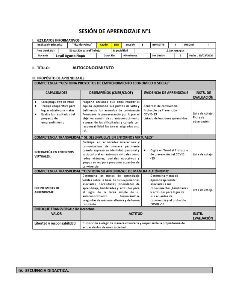Sesion 1 Autoconocimiento Pdf Aprendizaje Evaluación