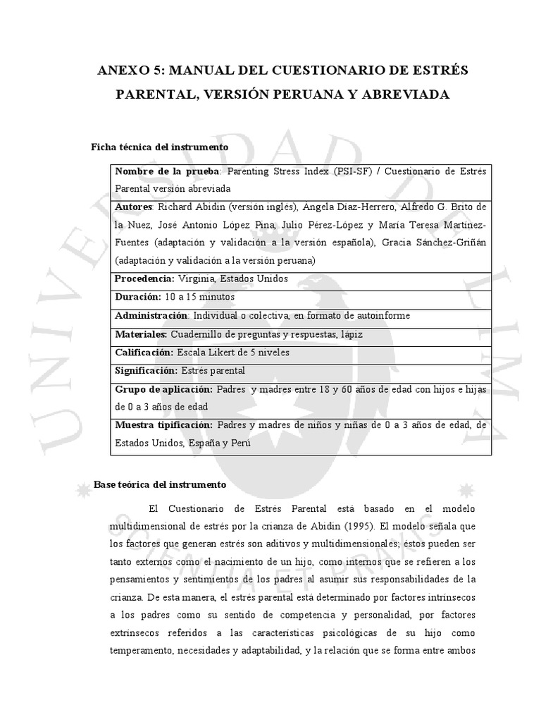 Manual del Cuestionario PSI-SF Perú | PDF | Escala Likert | Análisis ...