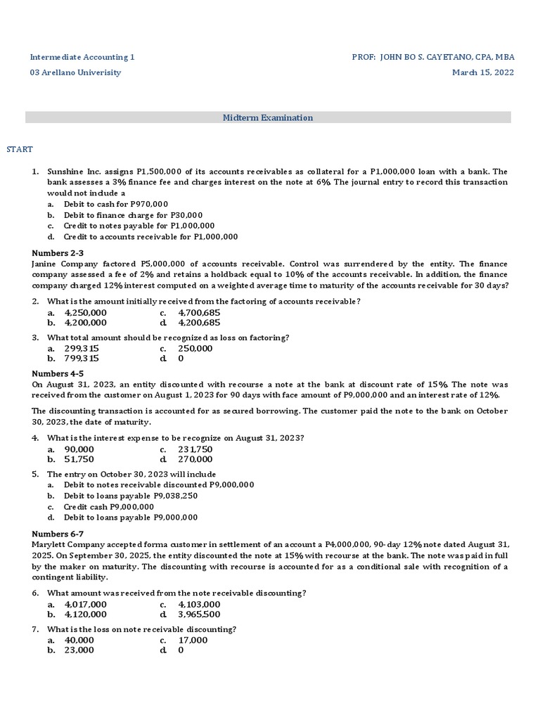 Au Ia1 Midterm Exam | PDF | Bad Debt | Debits And Credits