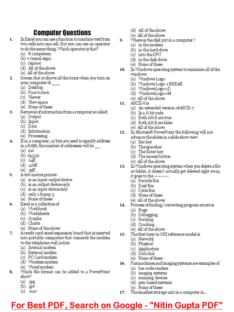900+ Computer MCQs in English PDF | PDF | Computer Data Storage | Microsoft Excel