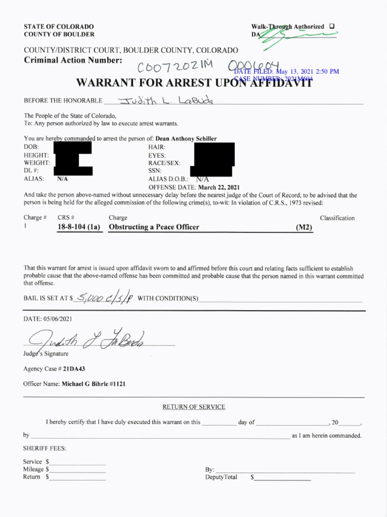 Dean Schiller Arrest Affidavit | PDF