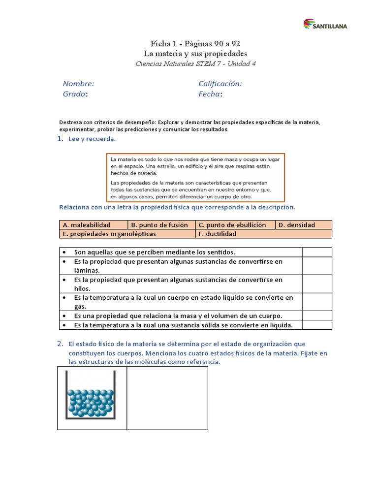 N7 Ficha 11 Paginas 90 A 92 La Materia y Sus Propiedades | PDF | Importar | Química