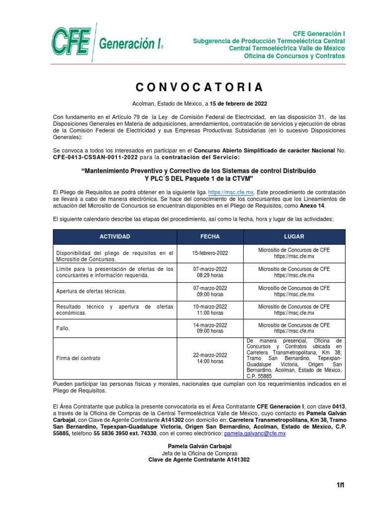 Convocatoria Mantenimiento Preventivo y Correctivo de Los Sistemas de Control Distribuido 1 ...