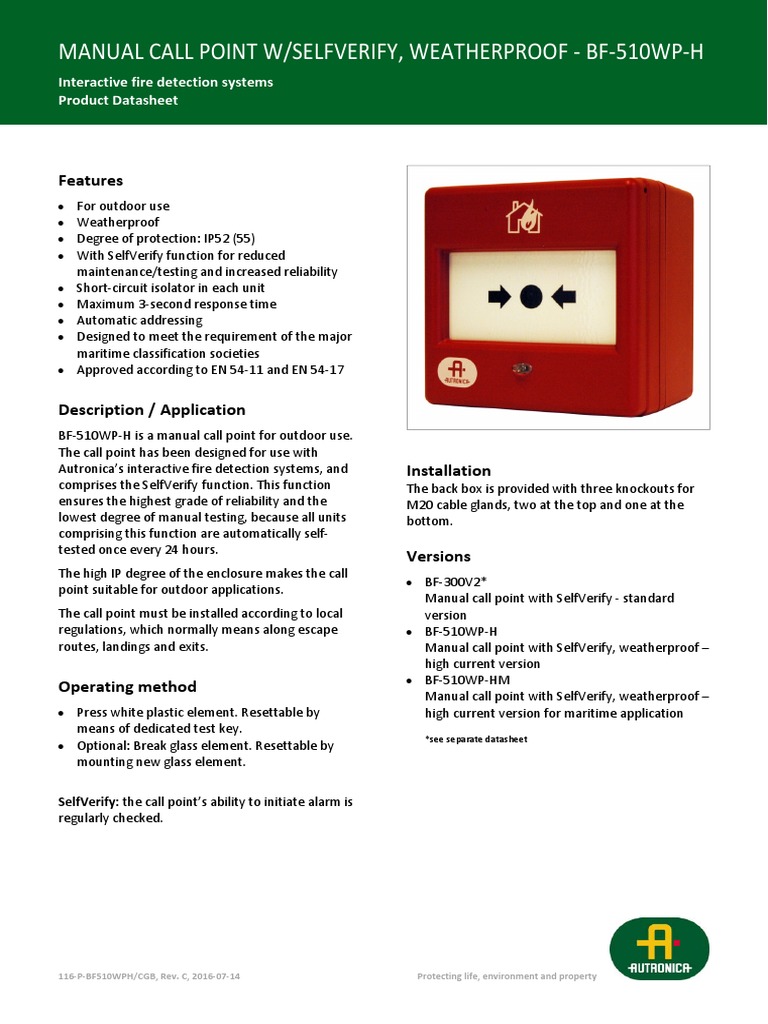 Manual Call Point W/Selfverify, Weatherproof BF 510Wp H: Features | PDF ...