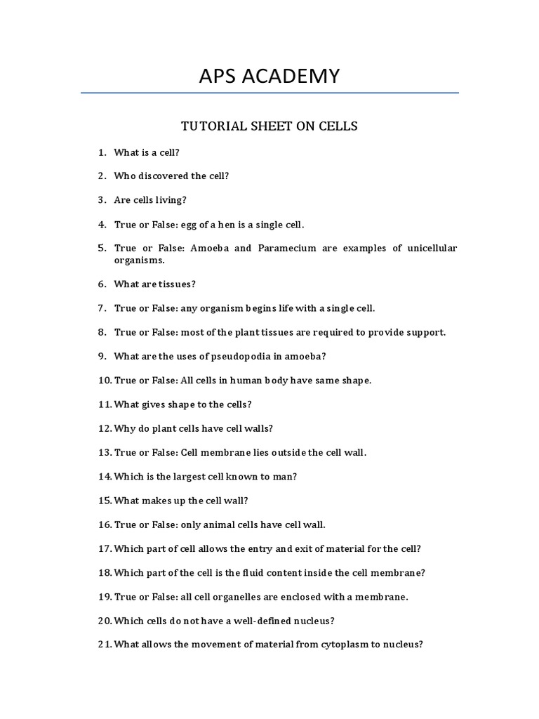 Aps Academy: Tutorial Sheet On Cells | Download Free PDF | Cell ...