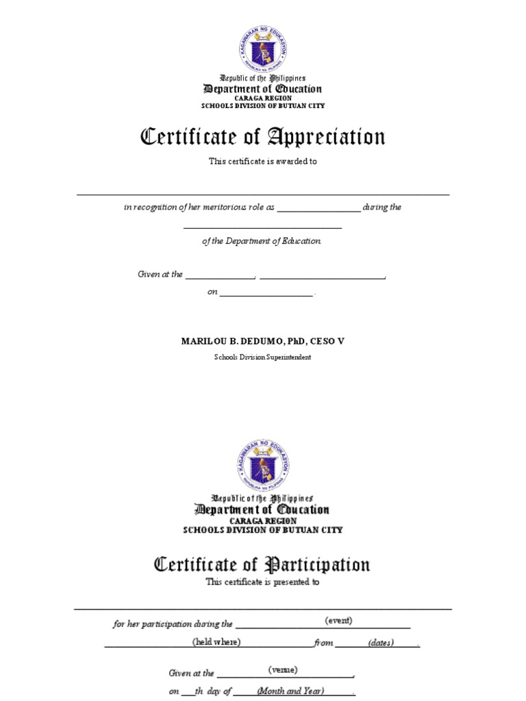 Deped Standard Certificate Templates | PDF | Government Related ...