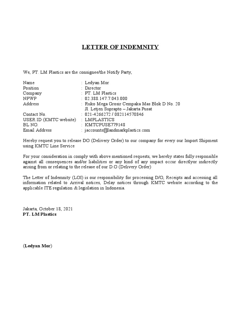 Letter of Indemnity: PT. LM Plastics | PDF | Common Law | Justice