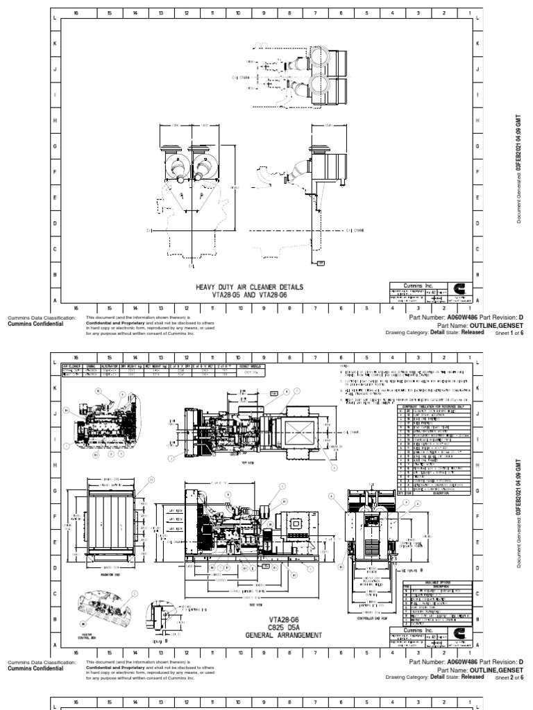 Cummins VTA28-G6 Genset Outline Drawing with Component Details and ...