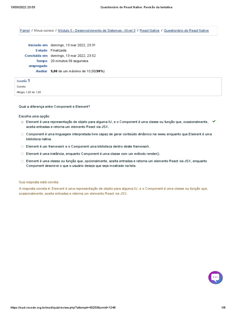 Questionário de React Native - Revisão Da Tentativa2 | PDF | Script Java | Linguagem de script