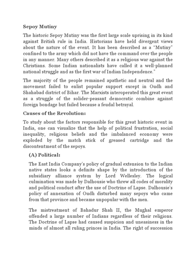 Sepoy Mutiny - Causes of Mutiny | PDF | Indian Rebellion Of 1857 ...