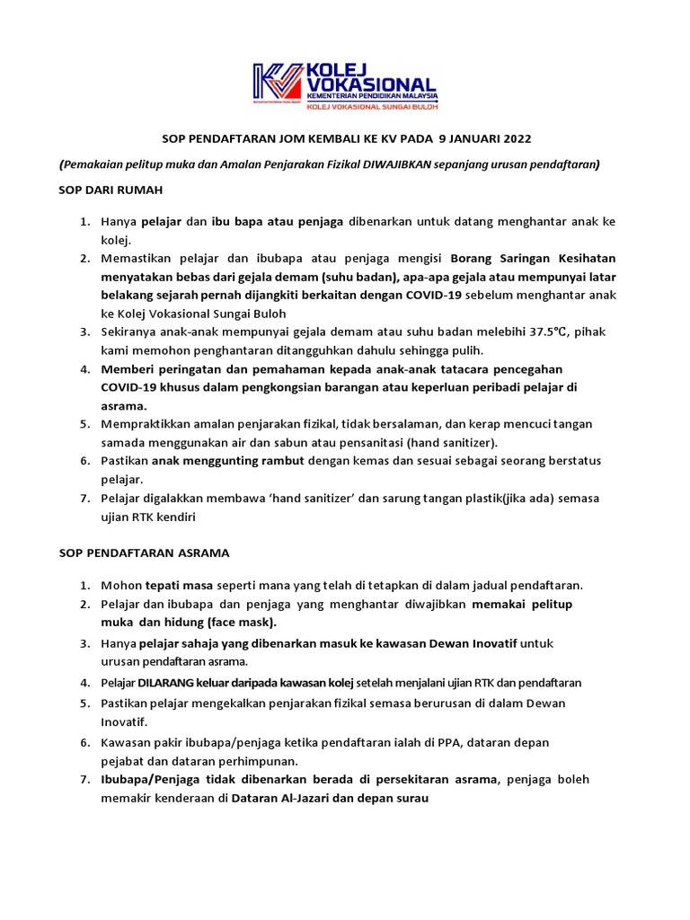 Sop Pendaftaran Pelajar Asrama 9-1-2022 | PDF