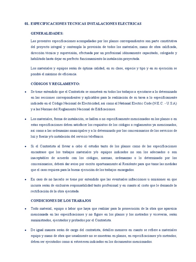 Especificaciones Tecnicas Instalaciones Electricas | PDF | Tubería (transporte de fluidos ...