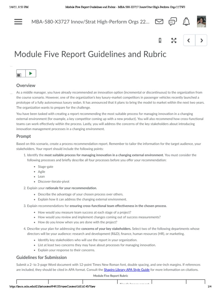 Module Five Report Guidelines and Rubric - MBA-580-X3727 Innov - Strat ...
