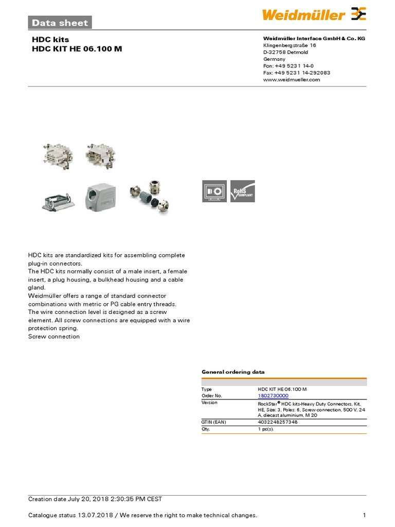 Data Sheet: HDC Kits HDC Kit He 06.100 M | PDF | Electricity | Equipment