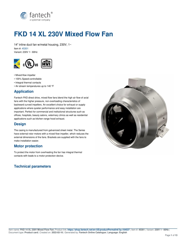 Fantech_FKD_14_XL_230V_Mixed_Flow_Fan | PDF | Mains Electricity ...