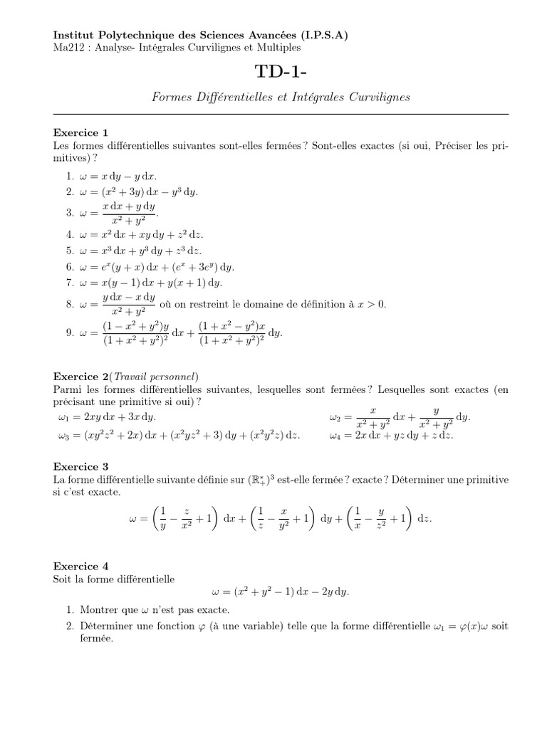 TD1 Ma212 | PDF | Calcul | Fonction de plusieurs variables
