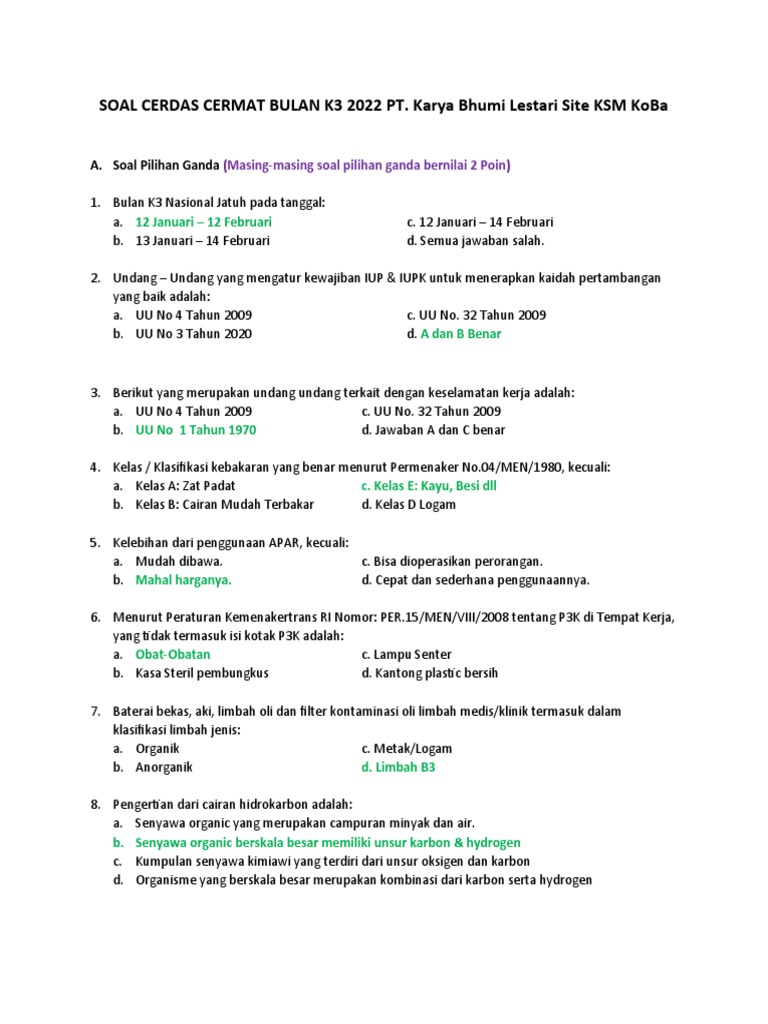 Soal Cerdas Cermat Bulan K3 2022 | PDF