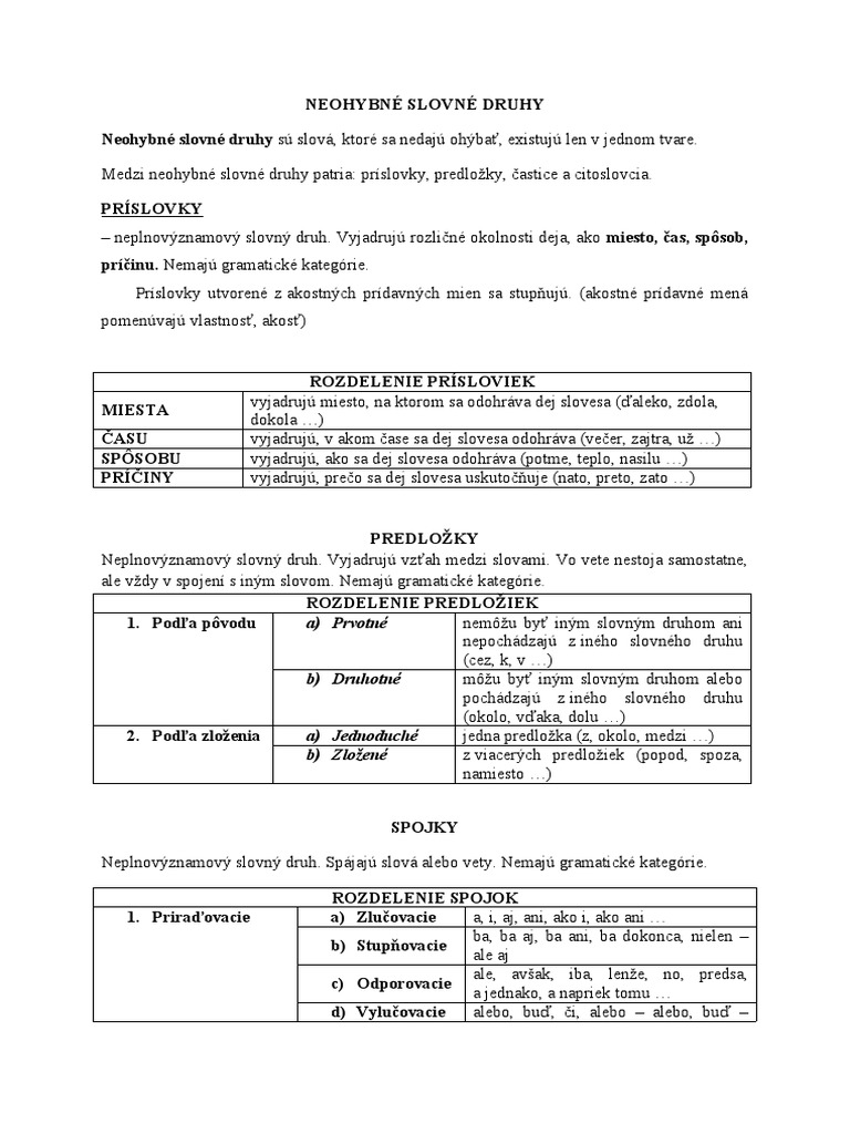 Neohybné Slovné Druhy | PDF