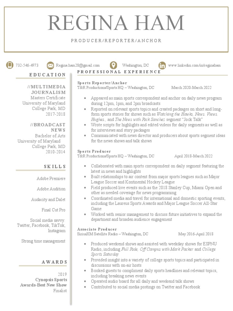 Regina Marie Ham Resume New Final | PDF | News | News Broadcasting