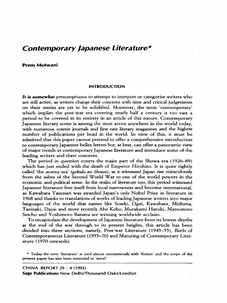 Contemporary Japanese Literature by Prem Motwani | PDF