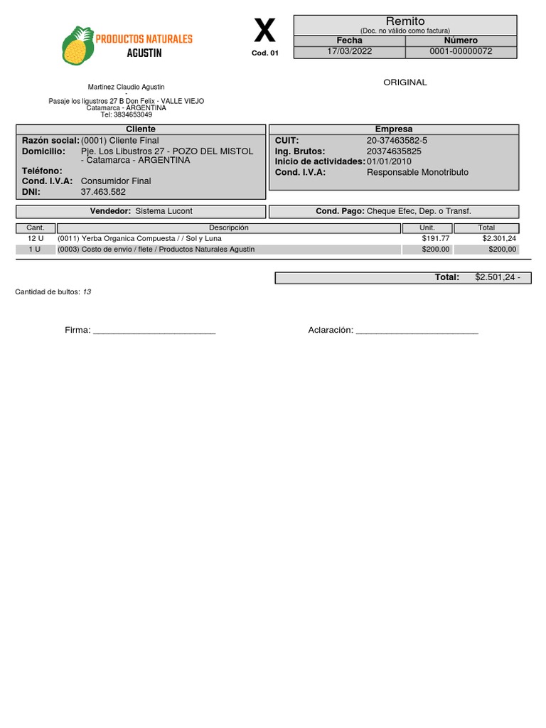 Remito X 0001-00000072 | PDF