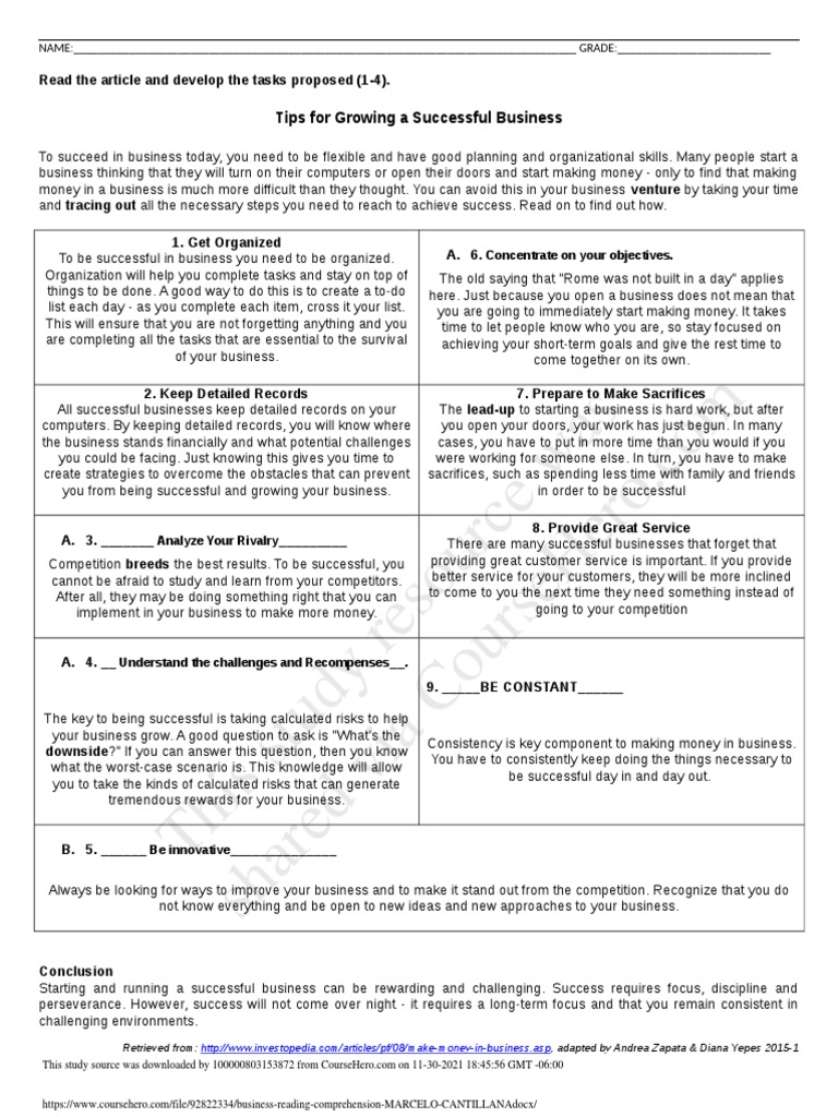 Business Reading Comprehension MARCELO CANTILLANA | PDF | Career & Growth